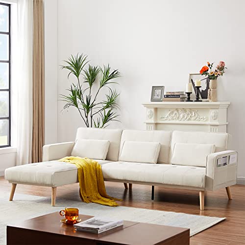 Antetek Convertible Linen Futon Sofa Bed, L-Shaped Sectional Sofa Couch with Left Chaise, Adjustable Backrest & 3 Toss Pillows, Mid-Century Modern Modular Sofa, Living Room Furniture Set (Beige)