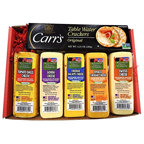 WISCONSIN CHEESE COMPANY'S - Specialty Cheese and Cracker Gift Basket. 100% Wisconsin Cheese - 5-4oz. Cheese Blocks, Smoked Cheddar Cheese, Salami Cheddar Cheese, Swiss Cheese, Gouda Cheese, Tomato Basil Cheddar Cheese & 1-4.25oz Water Crackers. Great for