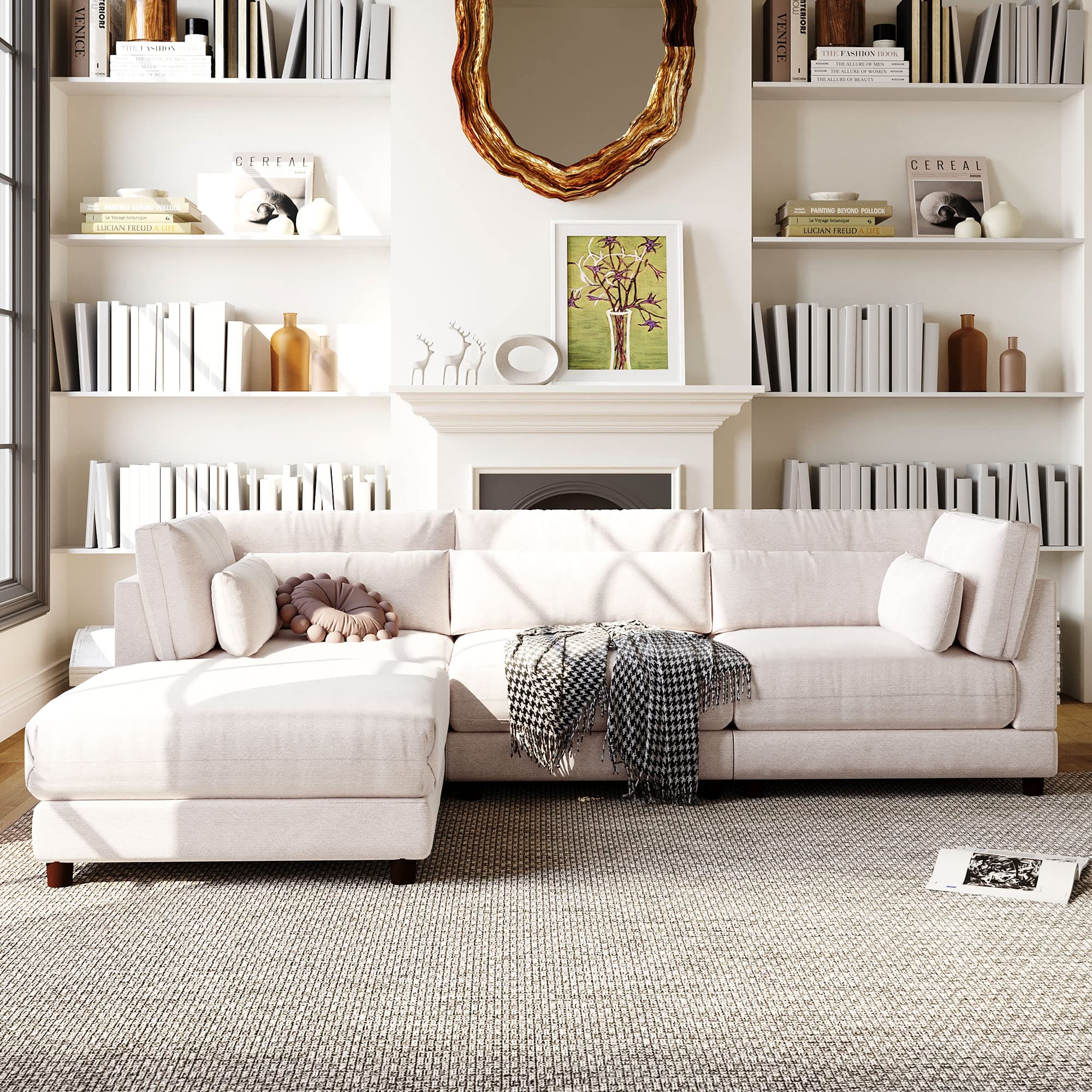 Tdewlye Modern 2 Pieces L Shaped Sectional Sofa,Chaise Longue Couch with Removable Ottomans and Comfortable Waist Pillows,for Apartment Living Room (Beige@Pillows)