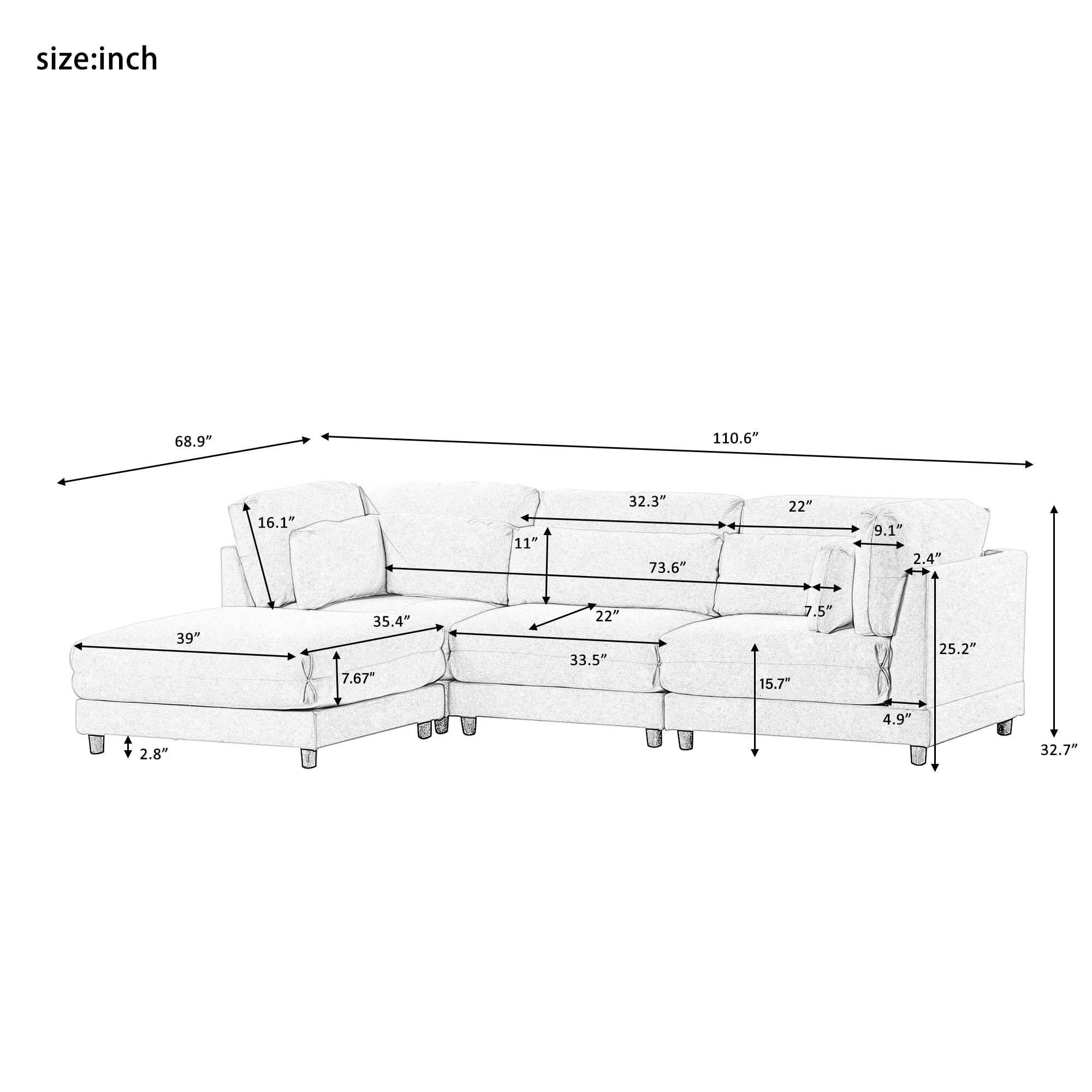 Tdewlye Modern 2 Pieces L Shaped Sectional Sofa,Chaise Longue Couch with Removable Ottomans and Comfortable Waist Pillows,for Apartment Living Room (Beige@Pillows)
