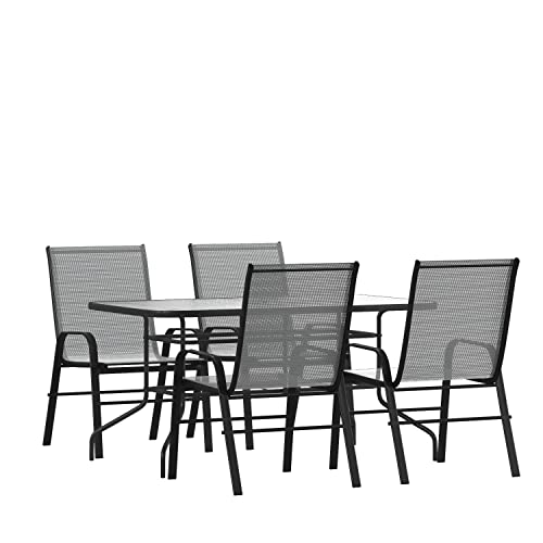 Flash Furniture 4 Flex Comfort Stack Chairs, 55" Tempered Glass Patio Table with Umbrella Hole, Gray
