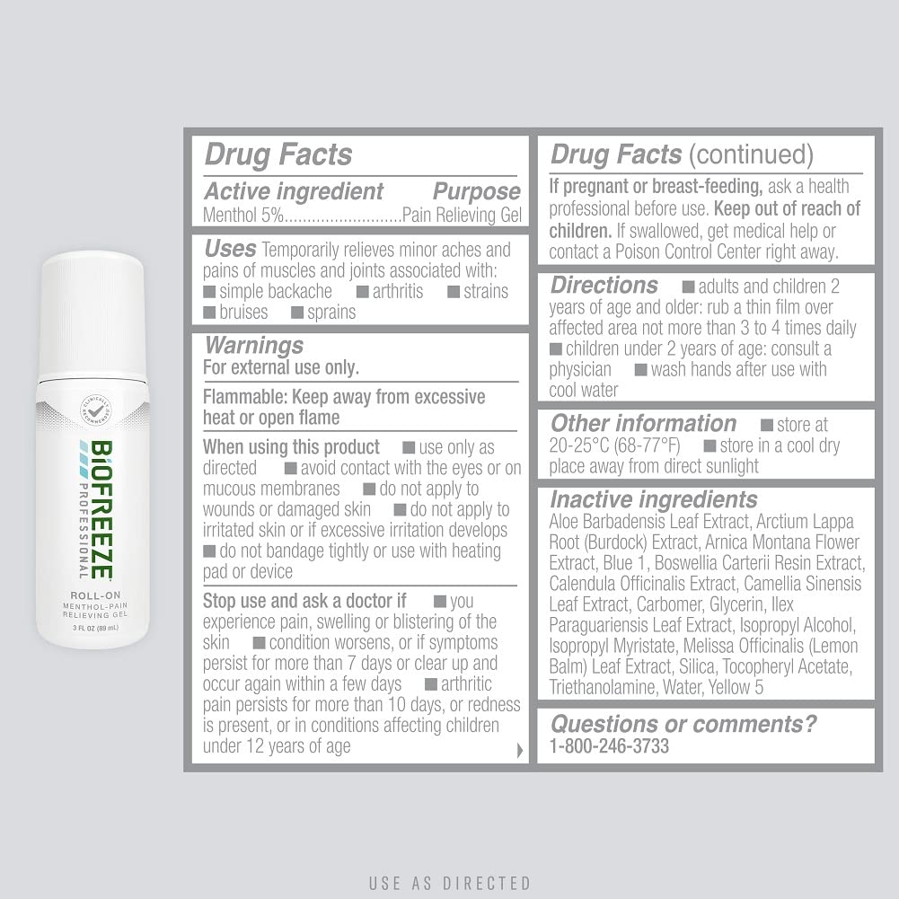 Biofreeze Professional Roll-On Gel 3 FL OZ, Green Topical For Muscles And Joints From Arthritis, Backache, Strains, Bruises, & Sprains (Package May Vary)