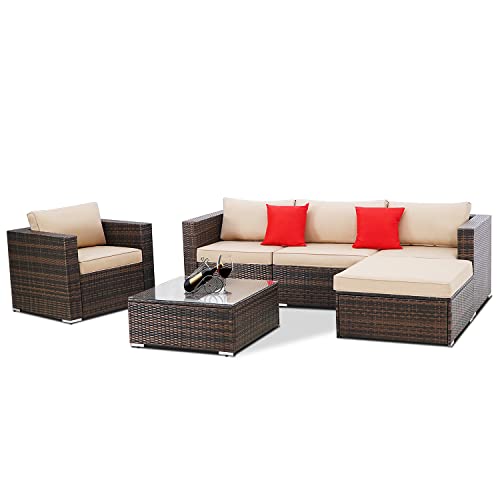 SUNCROWN 6-Piece Outdoor Furniture Patio Sectional Sofa - PE Rattan Wicker Conversation Set with Cushions and Coffee Table