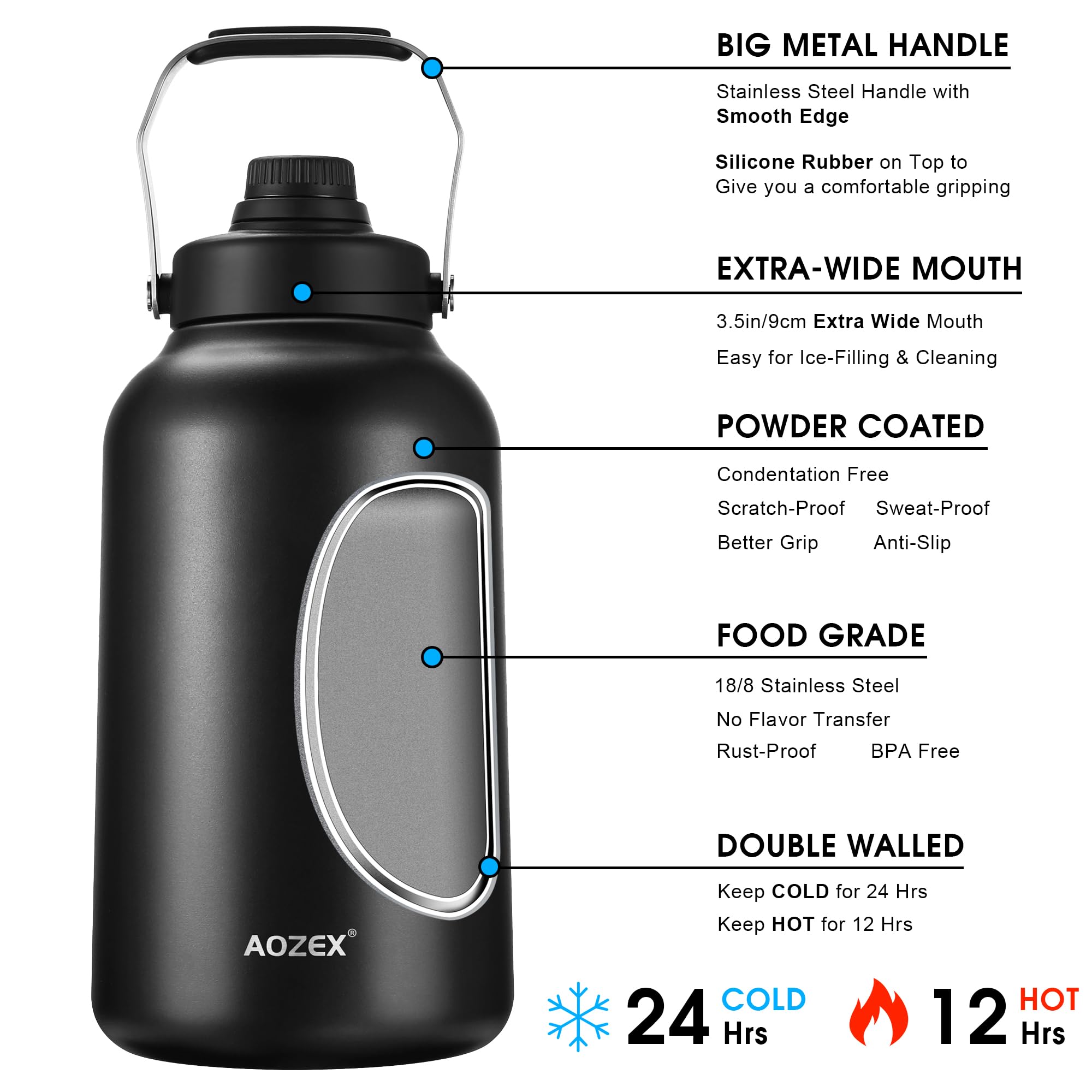 AOZEX 1 Gallon Insulated Water Bottle - Stainless Steel, 128 oz, Perfect for Camping and Sports