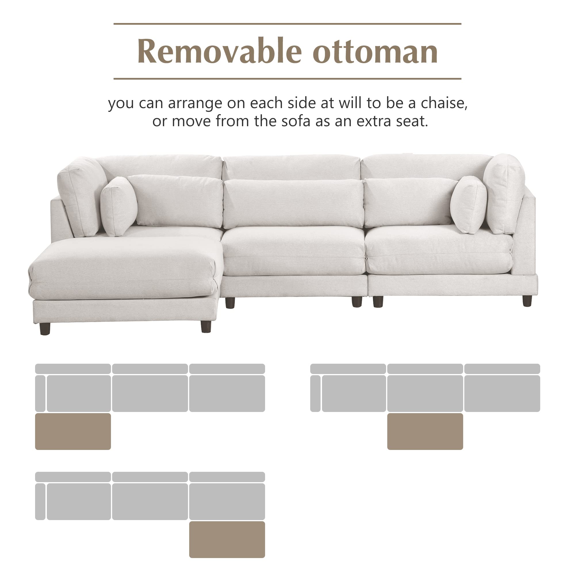 Tdewlye Modern 2 Pieces L Shaped Sectional Sofa,Chaise Longue Couch with Removable Ottomans and Comfortable Waist Pillows,for Apartment Living Room (Beige@Pillows)