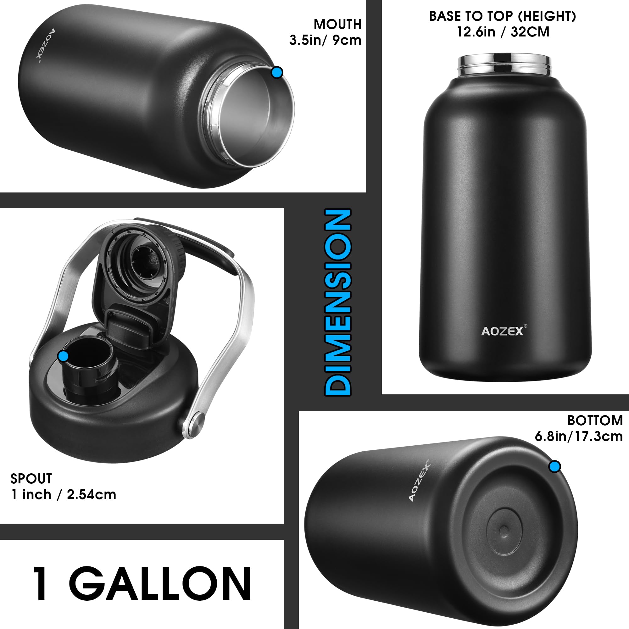 AOZEX 1 Gallon Insulated Water Bottle - Stainless Steel, 128 oz, Perfect for Camping and Sports