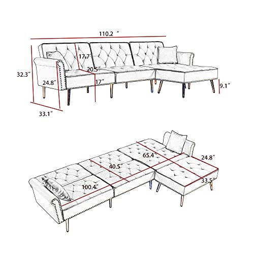 Eafurn 110" Convertible Sectional Sofa with Reversible Chaise and Adjustable Backrest,Modern Oversized Velvet Upholstered L-Shaped Corner Couch Bed with Nailhead Trim for Living Room