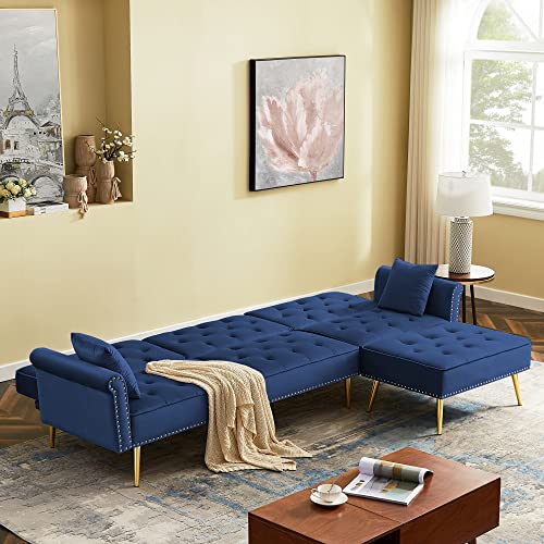 Eafurn 110" Convertible Sectional Sofa with Reversible Chaise and Adjustable Backrest,Modern Oversized Velvet Upholstered L-Shaped Corner Couch Bed with Nailhead Trim for Living Room