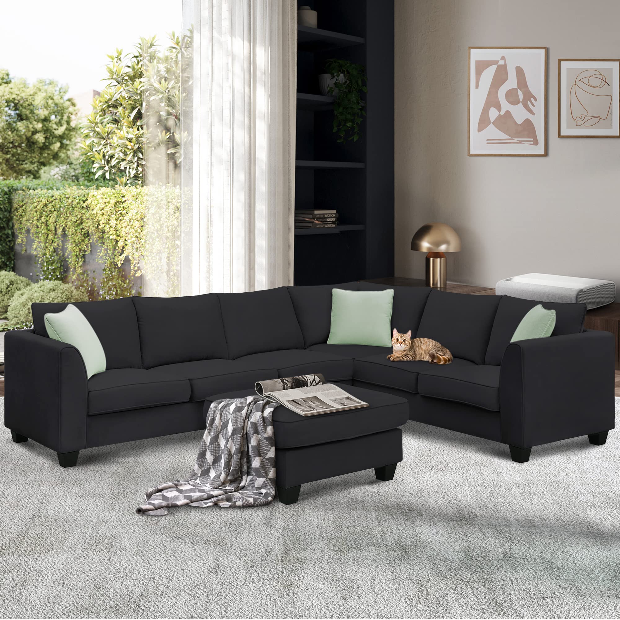 FIQHOME 7-Seat Reversible Chaise, L Shaped Ottoman, Living Room, Modular Sectional Fabric Sofa Corner Couch Set with 3 Pillows, Black