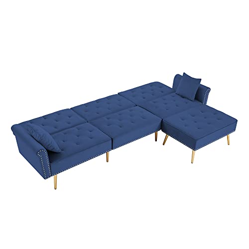 Eafurn 110" Convertible Sectional Sofa with Reversible Chaise and Adjustable Backrest,Modern Oversized Velvet Upholstered L-Shaped Corner Couch Bed with Nailhead Trim for Living Room