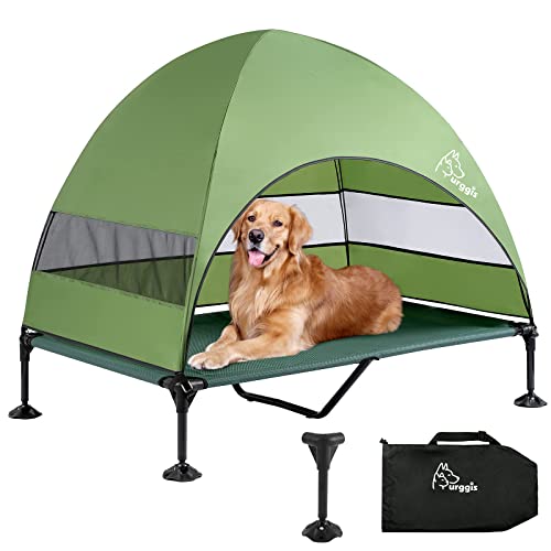 Upgraded Elevated Dog Bed with Canopy, Portable Raised Outdoor Dog Bed with Stable Anti-Slip Feet, Wider Shade Off Ground Pet Bed Cot, Raised Dog Beds for Large Dogs Camping, Indoor & Outdoor Use