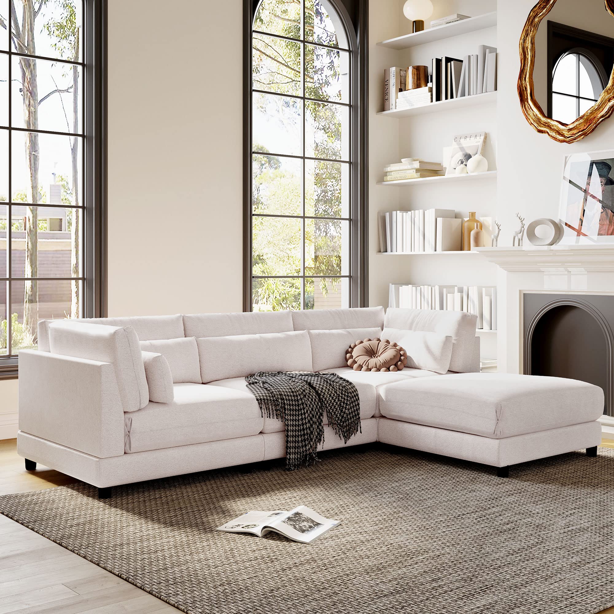 Tdewlye Modern 2 Pieces L Shaped Sectional Sofa,Chaise Longue Couch with Removable Ottomans and Comfortable Waist Pillows,for Apartment Living Room (Beige@Pillows)