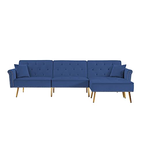Eafurn 110" Convertible Sectional Sofa with Reversible Chaise and Adjustable Backrest,Modern Oversized Velvet Upholstered L-Shaped Corner Couch Bed with Nailhead Trim for Living Room