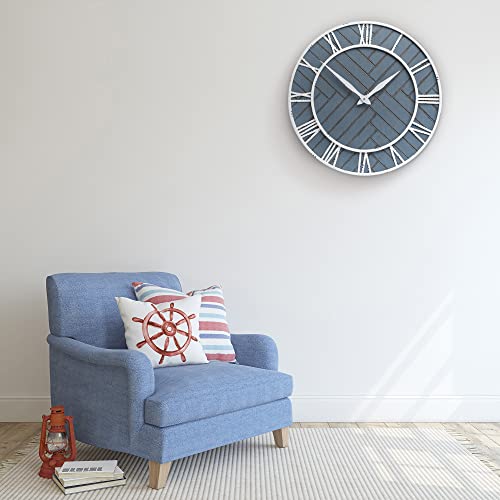 Sixty Times Hamptons - - Wall Clock 24 Inch - - Silent - - Metal & Wood - - Rustic Ocean Blue & White
