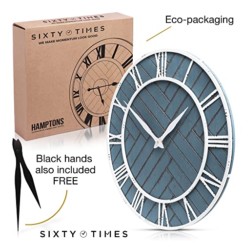 Sixty Times Hamptons - - Wall Clock 24 Inch - - Silent - - Metal & Wood - - Rustic Ocean Blue & White