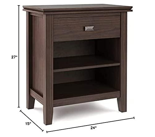 SIMPLIHOME Artisan 24 inches Wide Night Stand, Bedside table, Warm Walnut Brown SOLID WOOD, Rectangle, with Storage, 1 Drawer and 2 Shelves, For the Bedroom, Contemporary Modern