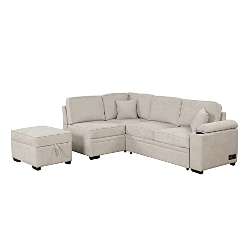 FANYE L-Shaped Corner Chaise and Storage Ottoman, Modern Upholstered Sofa & Couch for Home Office Apartment Living Room Furniture Sets Sectional, Beige Convertible Sofabed W/Charge Ports