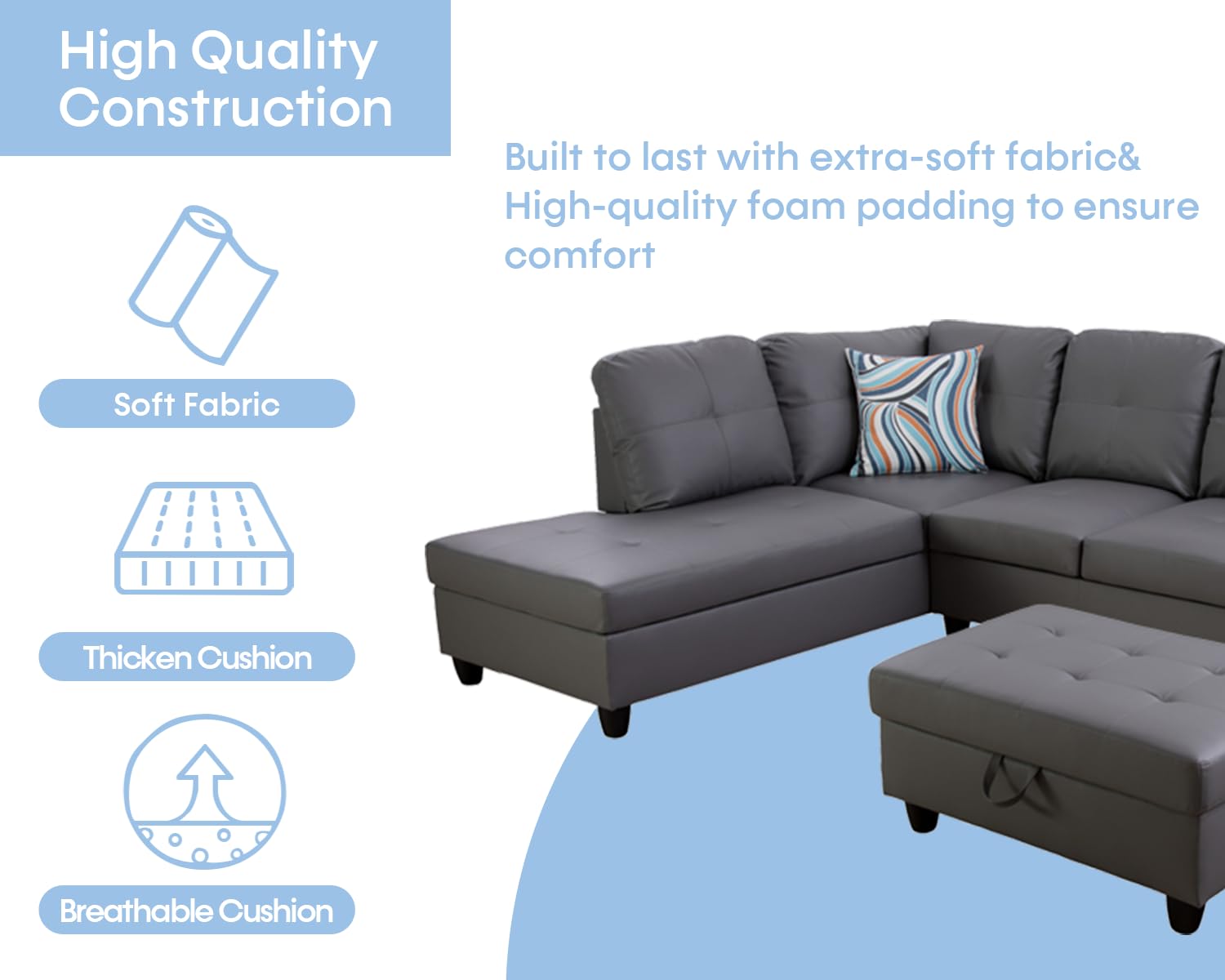Caberryne Sectional Couch for Living Room Furniture Set Dack Grey,Sectional Sofa Set L Shape Sofa and Chaise with Storage Ottoman for Living Room/Apartment（Dack Grey,Facing Left Chaise）