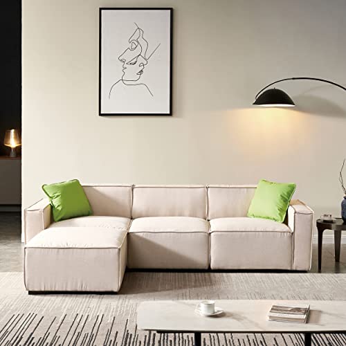 Myshle Faux Leather Fabric Reversible 4 Seater Sectional Couch with Storage, Modular Sofa L Shape with Convertible Ottoman Chaise, Beige