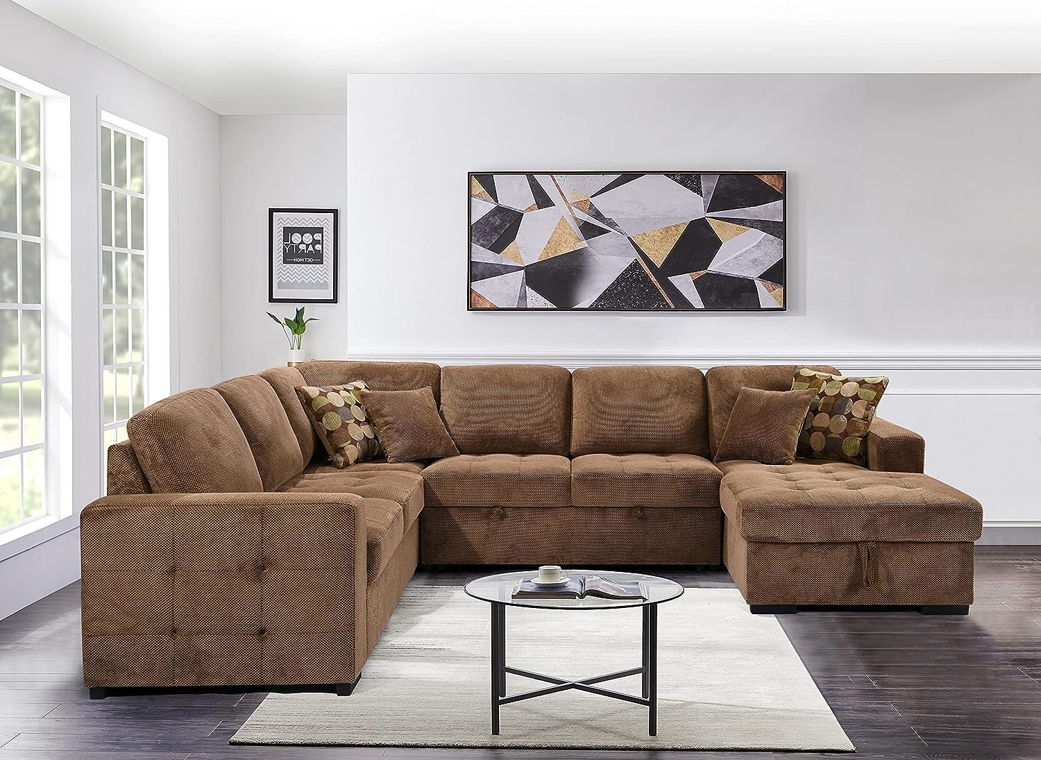 123" Convertible U-shaped Sectional Sofa with Pull Out Sleeper Couch Bed,Storage Chaise Lounge and 4 Throw Pillows,Oversized Polyester Upholstered Modular Sofá&Couches for Living Room,King Size