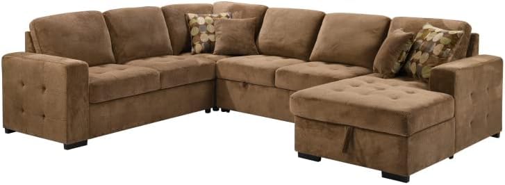 123" Convertible U-shaped Sectional Sofa with Pull Out Sleeper Couch Bed,Storage Chaise Lounge and 4 Throw Pillows,Oversized Polyester Upholstered Modular Sofá&Couches for Living Room,King Size