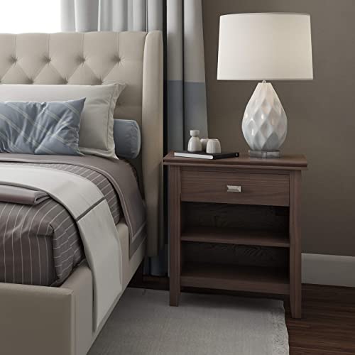 SIMPLIHOME Artisan 24 inches Wide Night Stand, Bedside table, Warm Walnut Brown SOLID WOOD, Rectangle, with Storage, 1 Drawer and 2 Shelves, For the Bedroom, Contemporary Modern