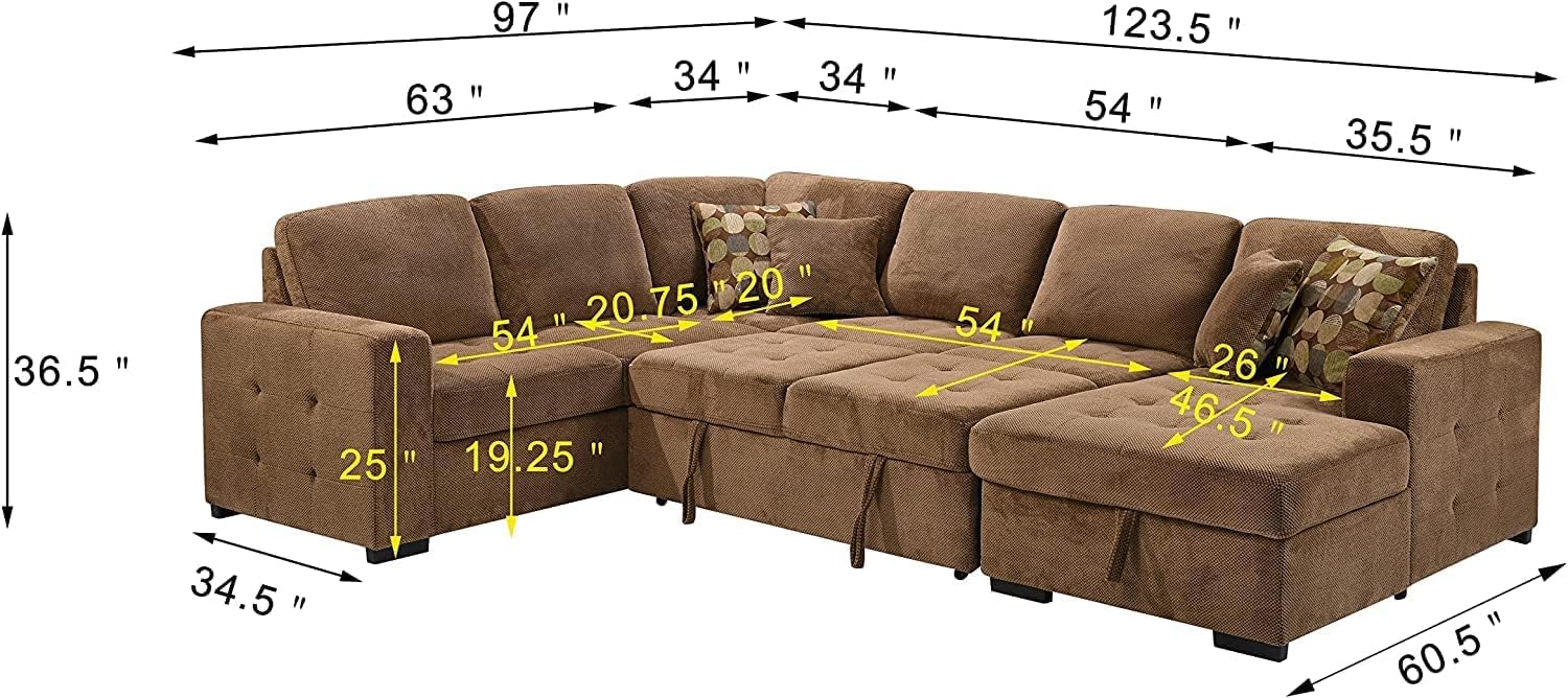 123" Convertible U-shaped Sectional Sofa with Pull Out Sleeper Couch Bed,Storage Chaise Lounge and 4 Throw Pillows,Oversized Polyester Upholstered Modular Sofá&Couches for Living Room,King Size