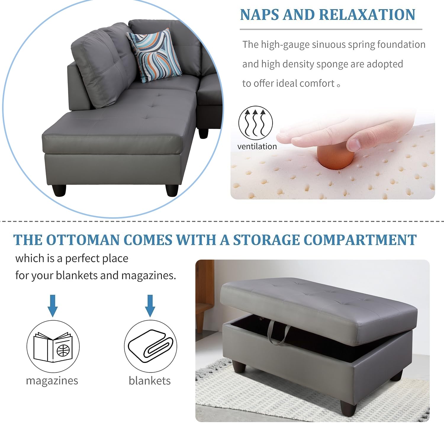 Caberryne Sectional Couch for Living Room Furniture Set Dack Grey,Sectional Sofa Set L Shape Sofa and Chaise with Storage Ottoman for Living Room/Apartment（Dack Grey,Facing Left Chaise）