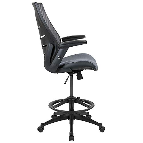 Flash Furniture High Back Dark Gray Mesh Spine-Back Ergonomic Drafting Chair with Adjustable Foot Ring and Adjustable Flip-Up Arms