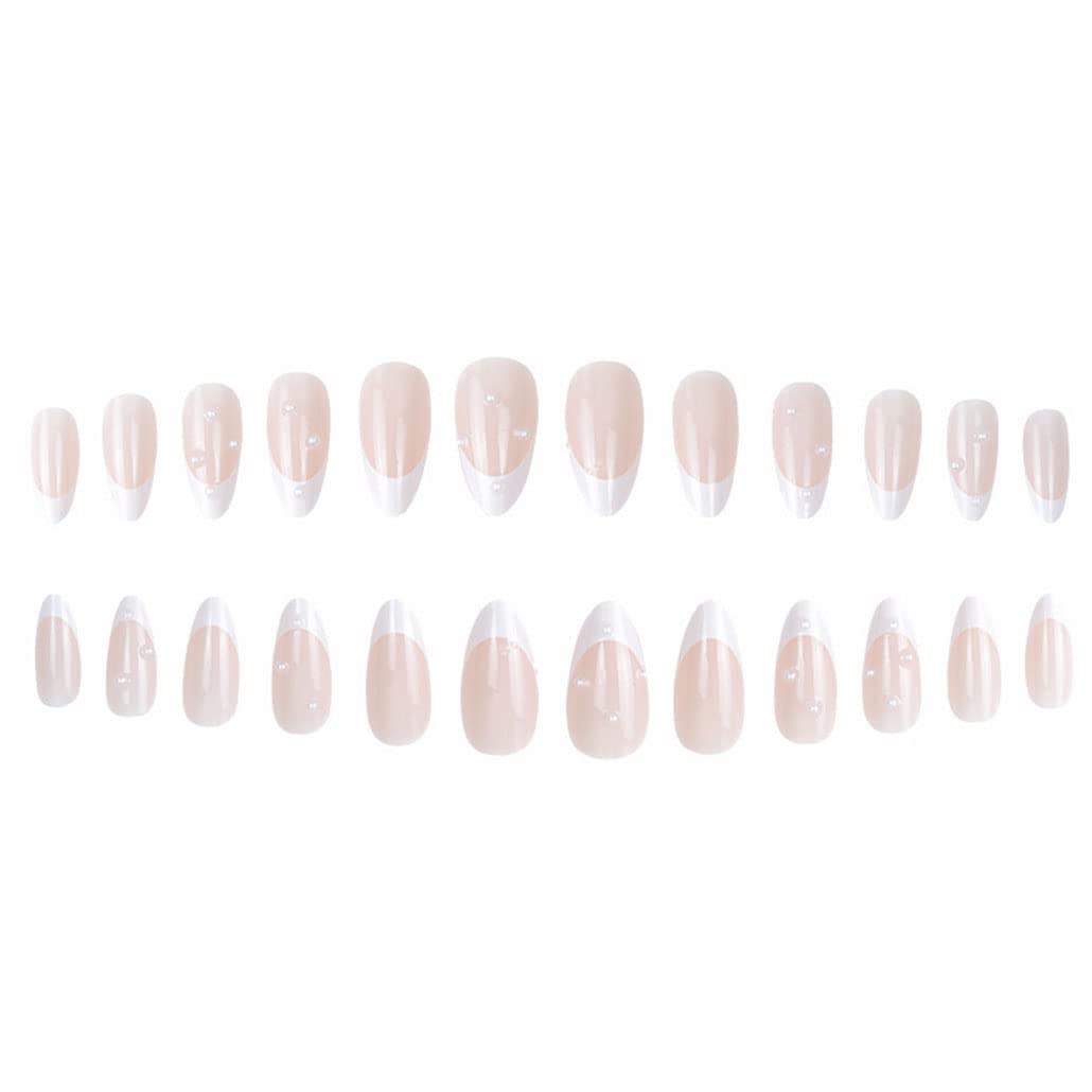 Foccna French Press on Nails Medium, Pearl White Fake Nails Almond Acrylic False Nails, Artificial Nails for Women and Girls 24 pcs