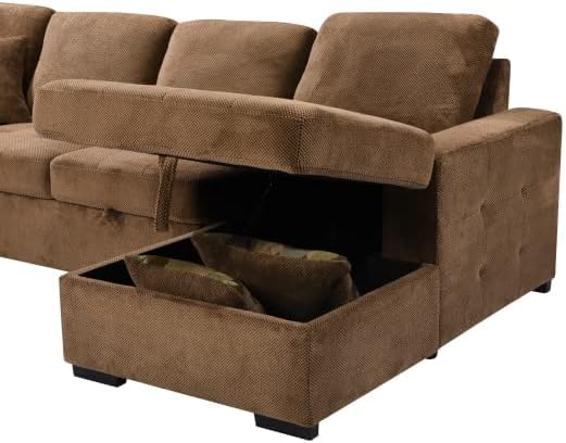 123" Convertible U-shaped Sectional Sofa with Pull Out Sleeper Couch Bed,Storage Chaise Lounge and 4 Throw Pillows,Oversized Polyester Upholstered Modular Sofá&Couches for Living Room,King Size