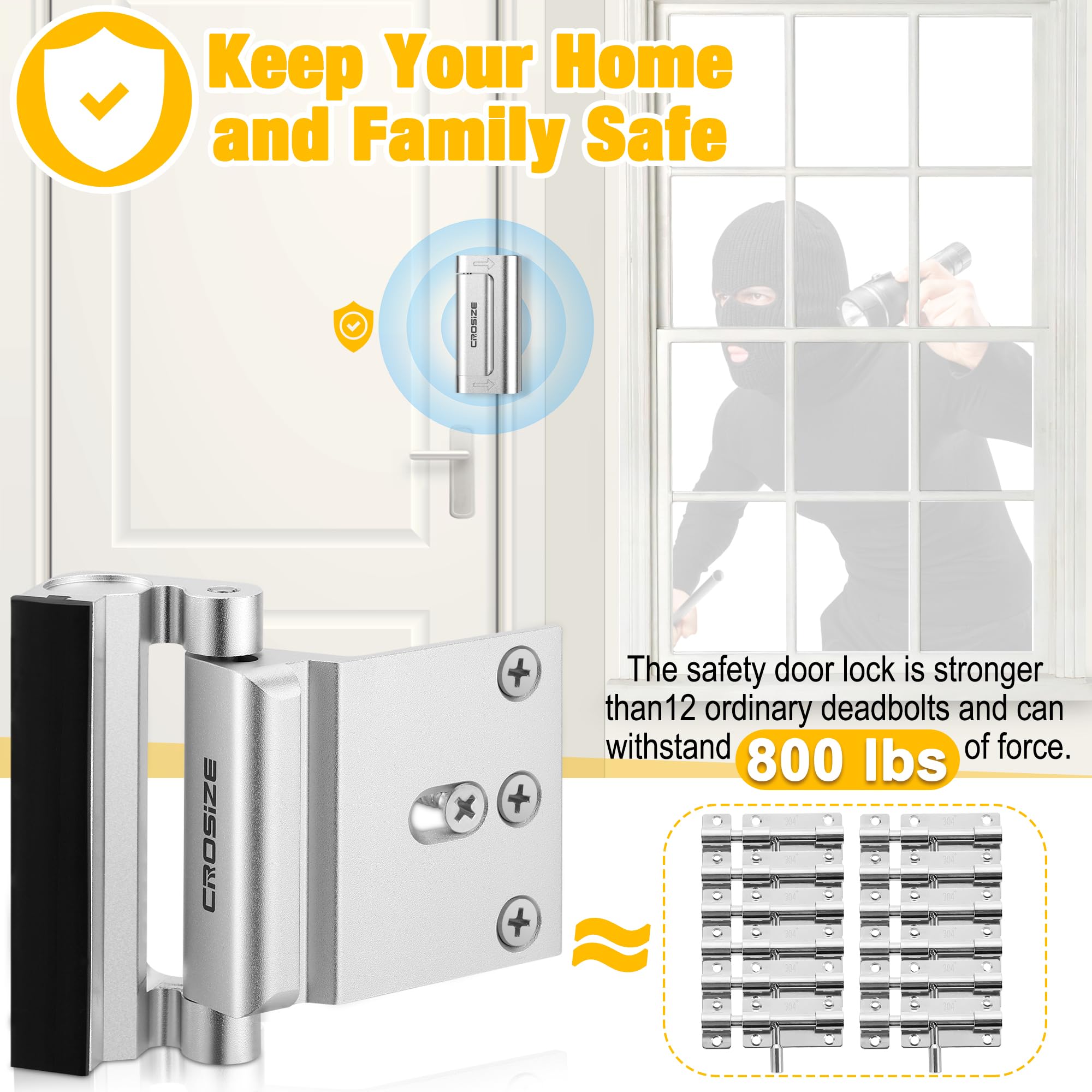 Home Security Door Locks 2 Pack, Metal Door Reinforcement Lock, 3" Withstands 800 lbs of Impact for Inward Swing Doors, Defender Security Door Lock, Prevent Unauthorized Entry (Silver)