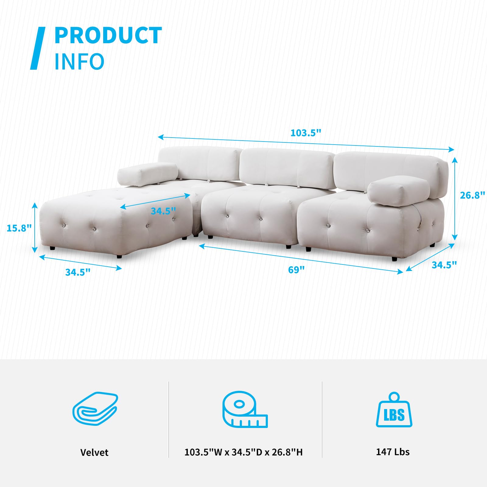 Mjkone Modular Sectional Sofa with Reversible Chaise, Velvet L Shaped Cloud Couch with Reversible Ottoman, 4 Seater Couch Button Tufted Designed Cloud Sofa, DIY Combination Sofa for Living Room,Beige
