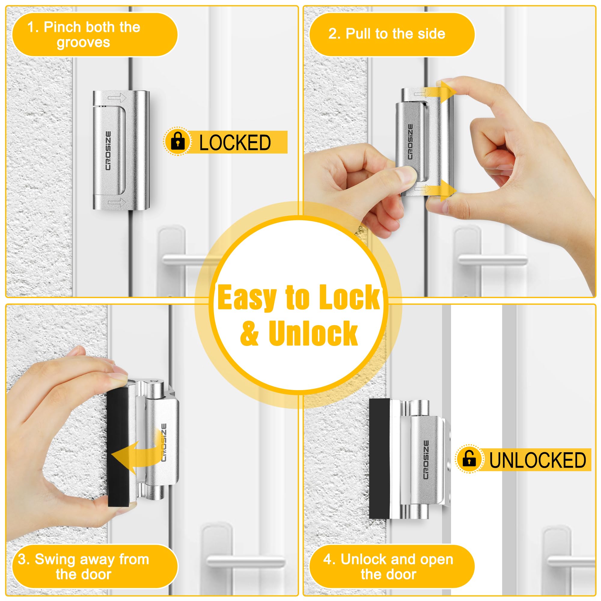 Home Security Door Locks 2 Pack, Metal Door Reinforcement Lock, 3" Withstands 800 lbs of Impact for Inward Swing Doors, Defender Security Door Lock, Prevent Unauthorized Entry (Silver)