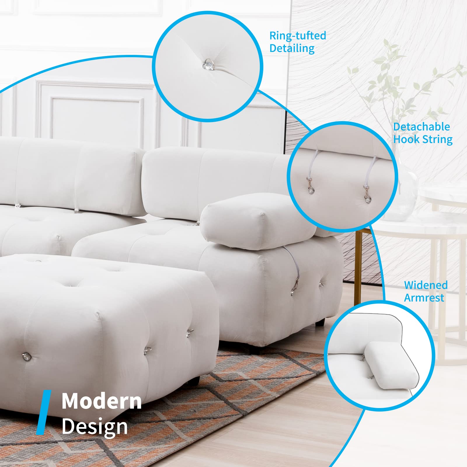 Mjkone Modular Sectional Sofa with Reversible Chaise, Velvet L Shaped Cloud Couch with Reversible Ottoman, 4 Seater Couch Button Tufted Designed Cloud Sofa, DIY Combination Sofa for Living Room,Beige