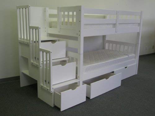 Bedz King Stairway Bunk Beds Twin over Twin with 3 Drawers in the Steps and 2 Under Bed Drawers - White
