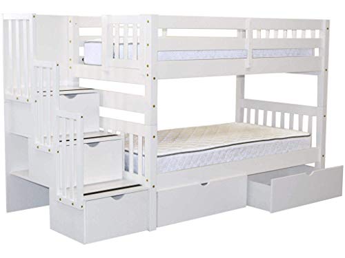 Bedz King Stairway Bunk Beds Twin over Twin with 3 Drawers in the Steps and 2 Under Bed Drawers - White