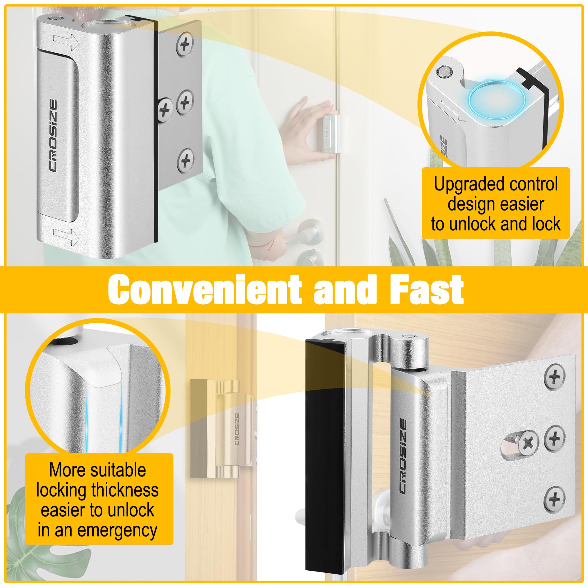 Home Security Door Locks 2 Pack, Metal Door Reinforcement Lock, 3" Withstands 800 lbs of Impact for Inward Swing Doors, Defender Security Door Lock, Prevent Unauthorized Entry (Silver)