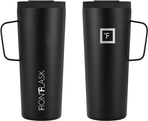 IRON °FLASK Grip Novelty Coffee Mug - Leak Proof, Vacuum Insulated Stainless Steel Bottle, Double Walled, Thermo Travel, Hot Cold, Water Metal Canteen - Midnight Black, 24 Oz - Rubber Bottom
