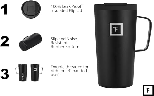 IRON °FLASK Grip Novelty Coffee Mug - Leak Proof, Vacuum Insulated Stainless Steel Bottle, Double Walled, Thermo Travel, Hot Cold, Water Metal Canteen - Midnight Black, 24 Oz - Rubber Bottom