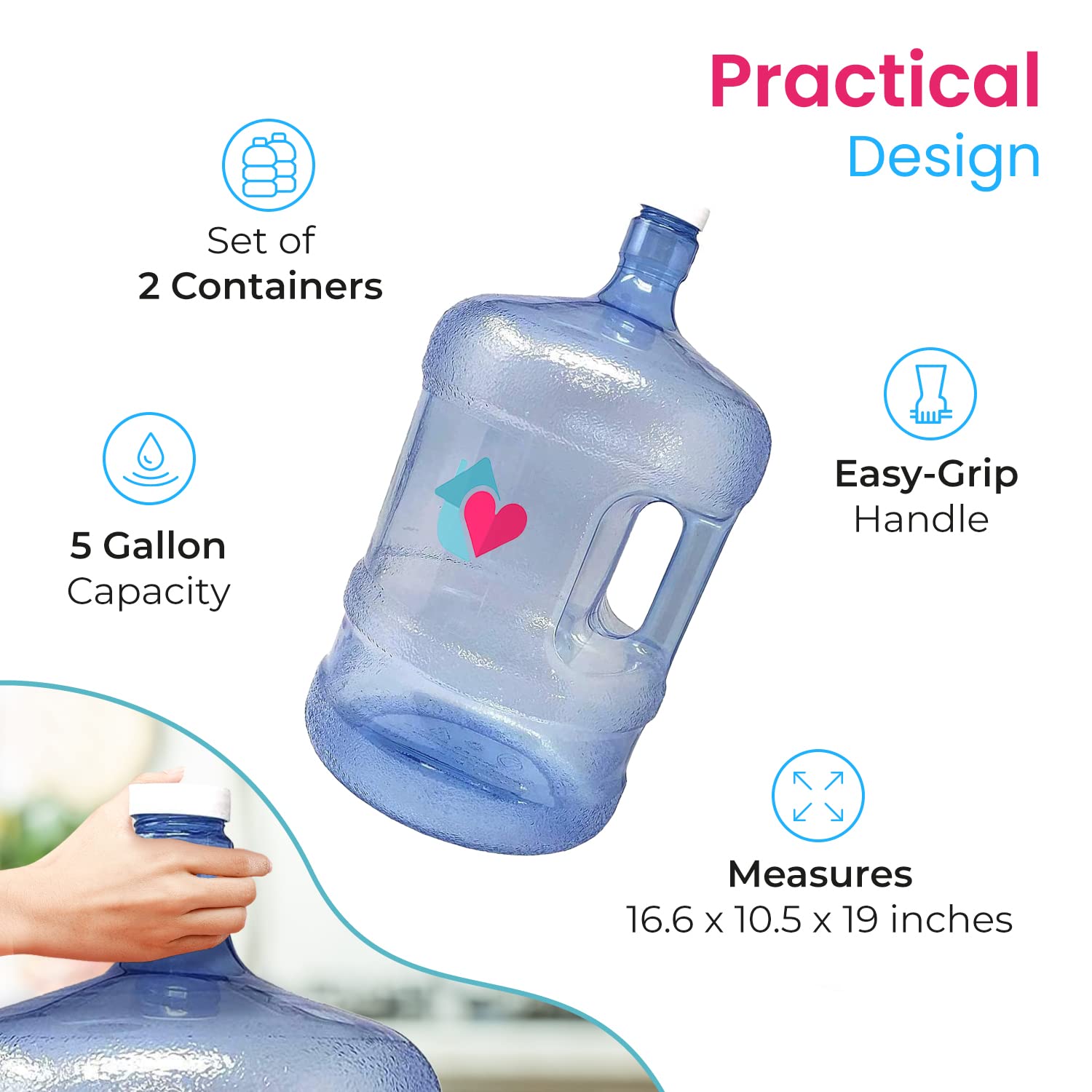 LavoHome 5 Gallon Water Bottle With Screw Cap, Reusable 5 Gallon Water Container With Easy Grip Handle, BPA Free Water Jug for Home or Camping, 5 Gallon Water Storage Containers, Set of 4