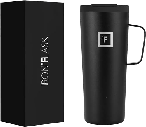 IRON °FLASK Grip Novelty Coffee Mug - Leak Proof, Vacuum Insulated Stainless Steel Bottle, Double Walled, Thermo Travel, Hot Cold, Water Metal Canteen - Midnight Black, 24 Oz - Rubber Bottom