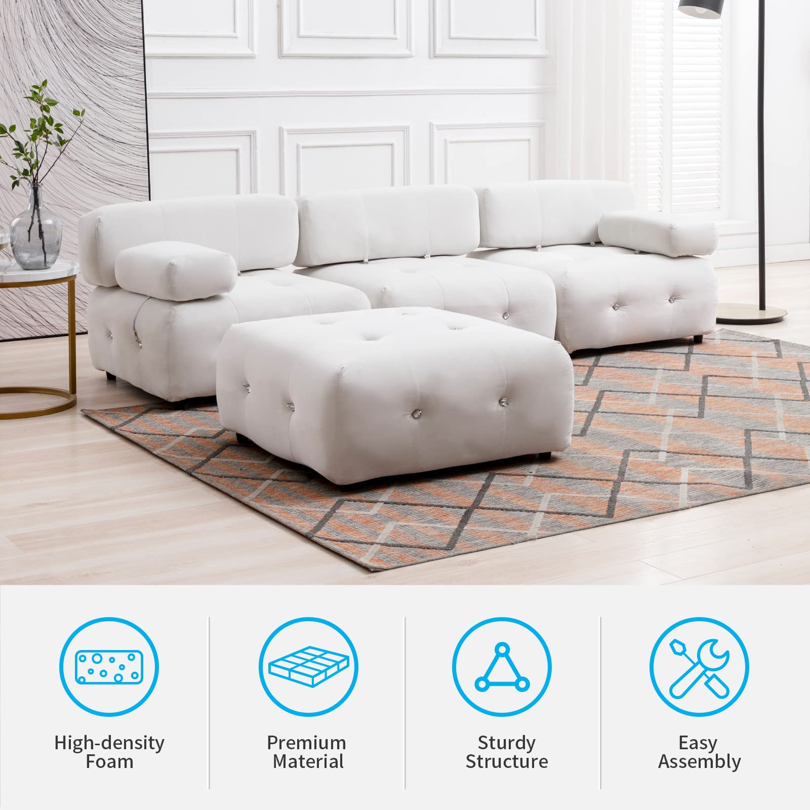 Mjkone Modular Sectional Sofa with Reversible Chaise, Velvet L Shaped Cloud Couch with Reversible Ottoman, 4 Seater Couch Button Tufted Designed Cloud Sofa, DIY Combination Sofa for Living Room,Beige