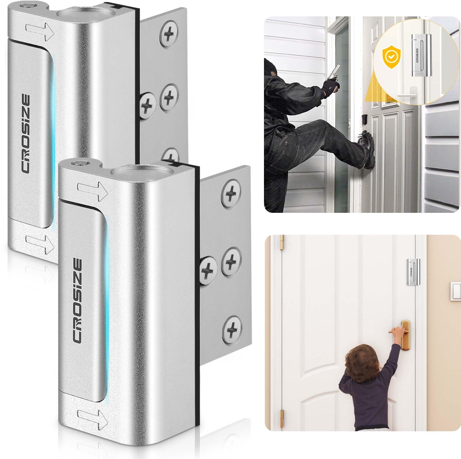 Home Security Door Locks 2 Pack, Metal Door Reinforcement Lock, 3" Withstands 800 lbs of Impact for Inward Swing Doors, Defender Security Door Lock, Prevent Unauthorized Entry (Silver)