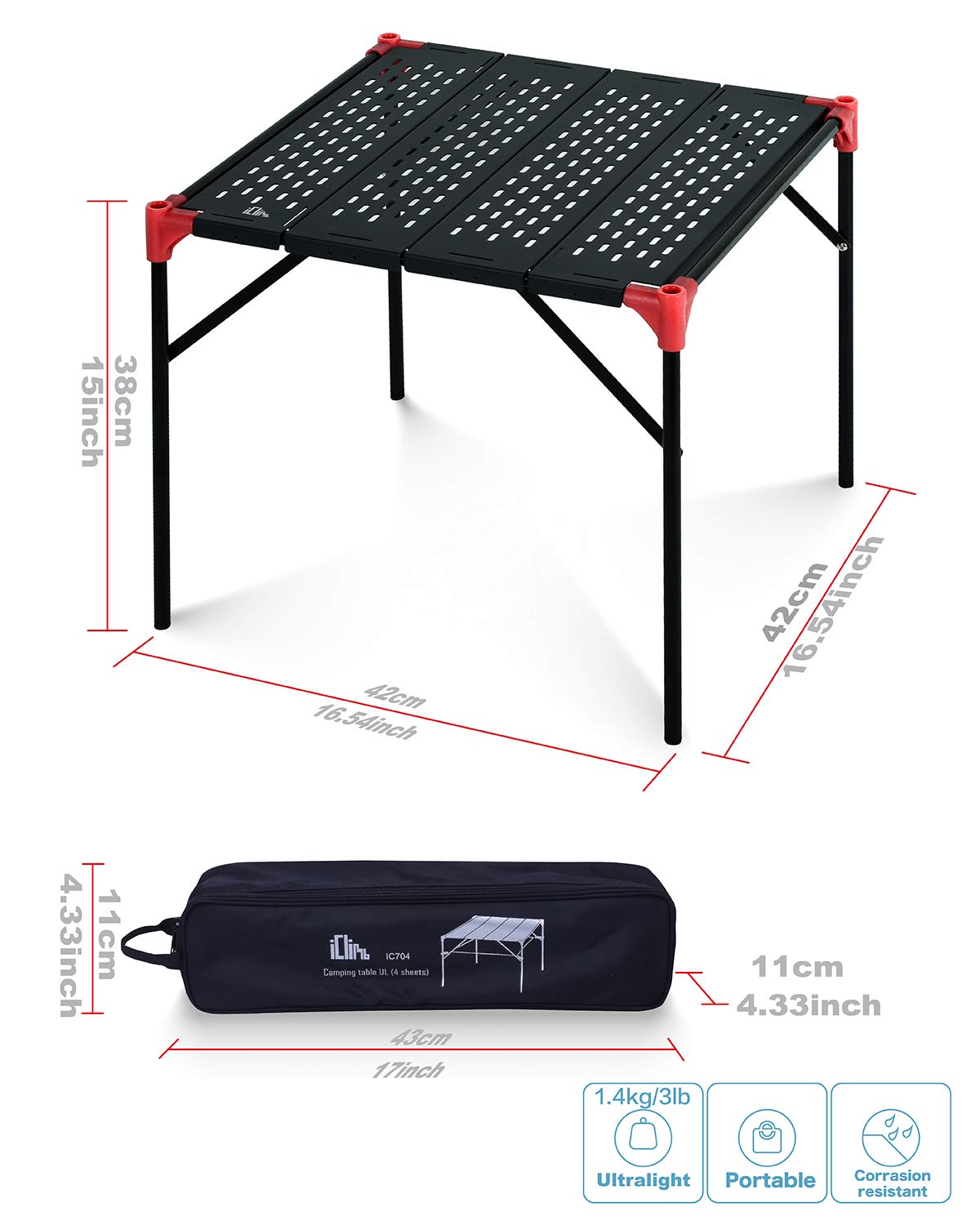 iClimb Extendable Folding Table Large Tabletop Area Ultralight Compact with Hollow Out Tabletop for Camping Backpacking Beach Concert BBQ Party, Three Size (Black - S + Hanger)