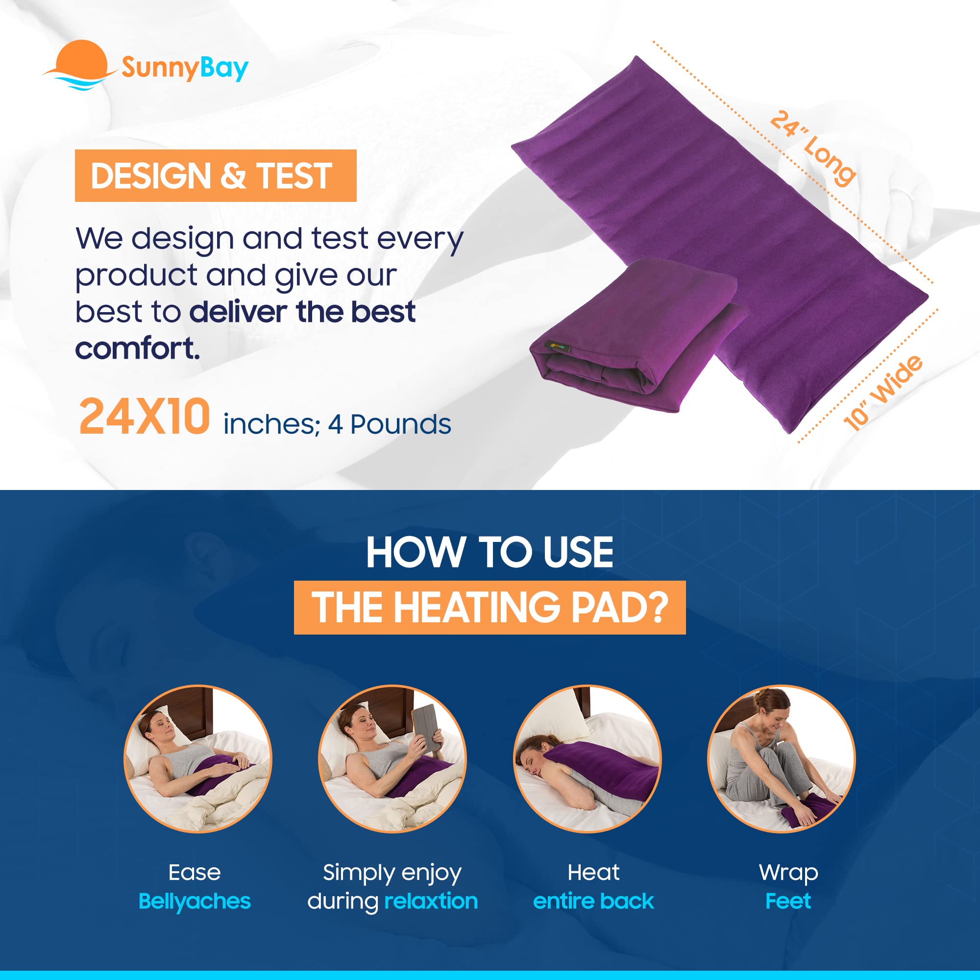 SunnyBay Extra Large Microwave Heating Pad, Microwavable Heavy Weighted Full Body Moist Cold Pack and Washable Fleece Cover, 10x24 Inches, FSA HSA Eligible, 4 lbs, Purple