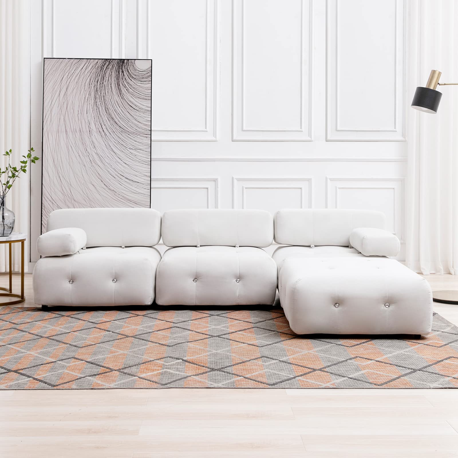 Mjkone Modular Sectional Sofa with Reversible Chaise, Velvet L Shaped Cloud Couch with Reversible Ottoman, 4 Seater Couch Button Tufted Designed Cloud Sofa, DIY Combination Sofa for Living Room,Beige