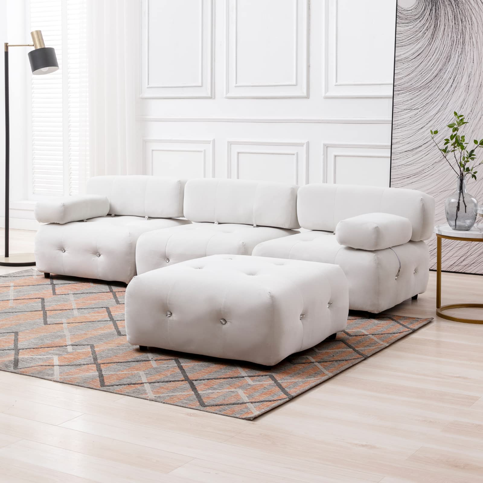Mjkone Modular Sectional Sofa with Reversible Chaise, Velvet L Shaped Cloud Couch with Reversible Ottoman, 4 Seater Couch Button Tufted Designed Cloud Sofa, DIY Combination Sofa for Living Room,Beige