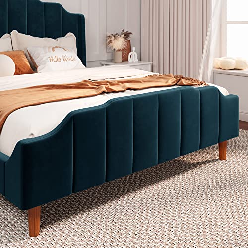 Allewie Queen Size Velvet Bed Frame Upholstered Platform Bed with Vertical Headboard and Footboard, Solid Wood Leg and Strong Slats Support, No Box Spring Needed, Easy Assembly, Blue
