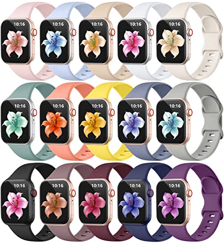GEAK 15 Pack Compatible with Apple Watch Bands 40mm 38mm 44mm 42mm 41mm 45mm 49mm for Women,Soft Silicone Sport Apple Watch Band Replacement Strap Compatible for iWatch Series 8 7 6 5 4 3 2 1 SE Ultra